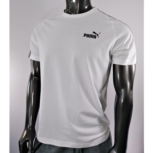 Puma | Shirts | Puma White Tee With Black Logo Shoulder Stripes | Poshmark